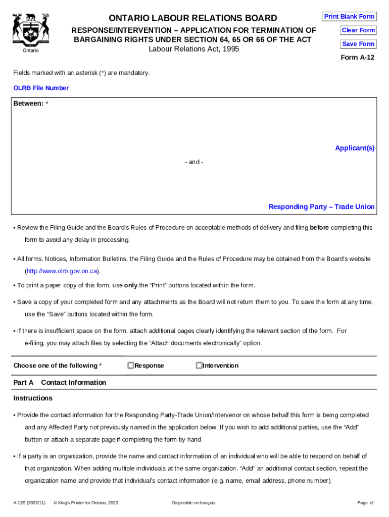 Fillable Online OLRB RESPONSE/INTERVENTION APPLICATION FOR TERMINATION ...