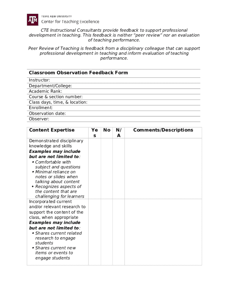 Class Observation Feedback Report Cte Tamu Doc Template PdfFiller Class Observation Feedback Report Cte Tamu Doc Template PdfFiller
