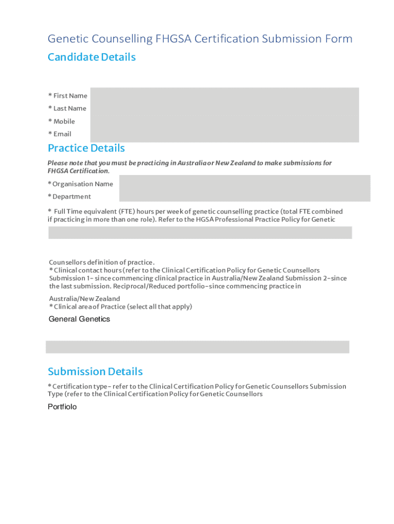 Fillable Online Genetic Counselling FHGSA Certification Submission Form ...