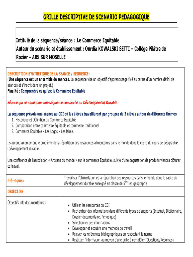 Remplissable En Ligne GRILLE DESCRIPTIVE DE SCENARIO PEDAGOGIQUE Fax Email Imprimer - pdfFiller