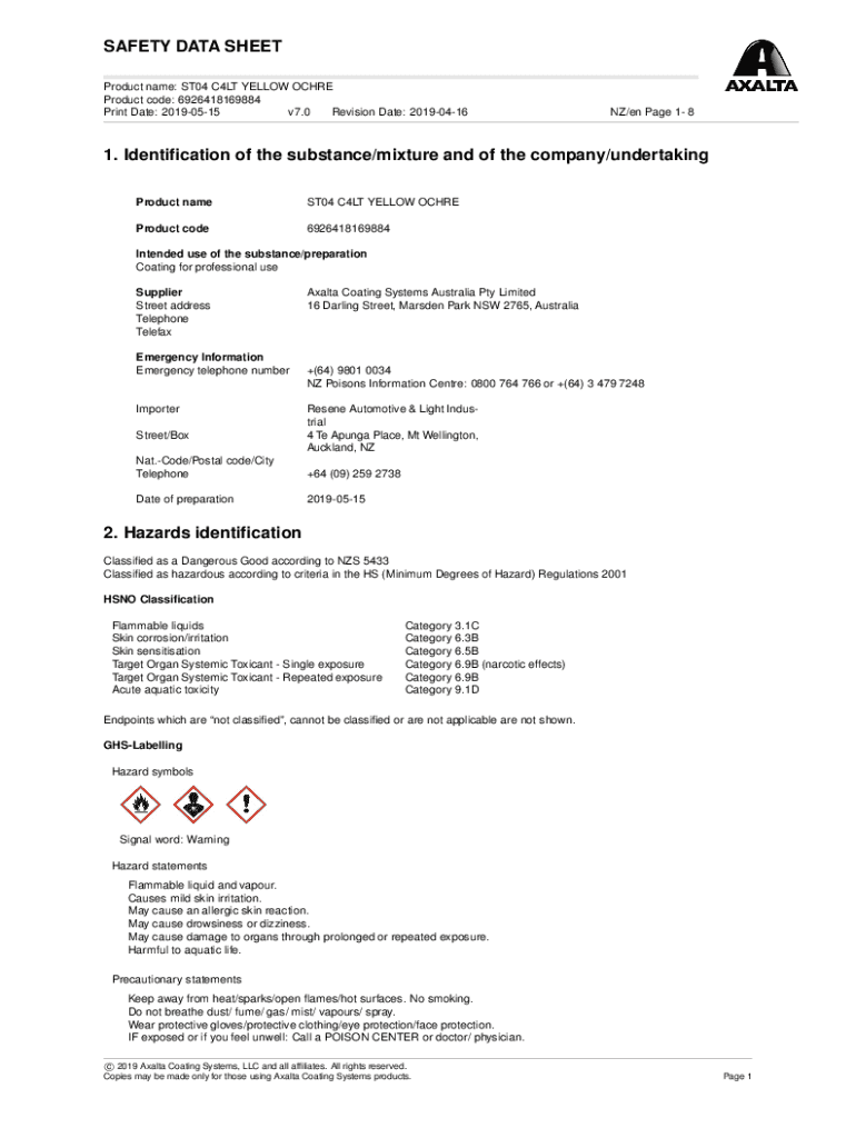 Fillable Online Safety Data Sheet. AP INDUSTRIAL OPAQUE YELLOW OXIDE ...