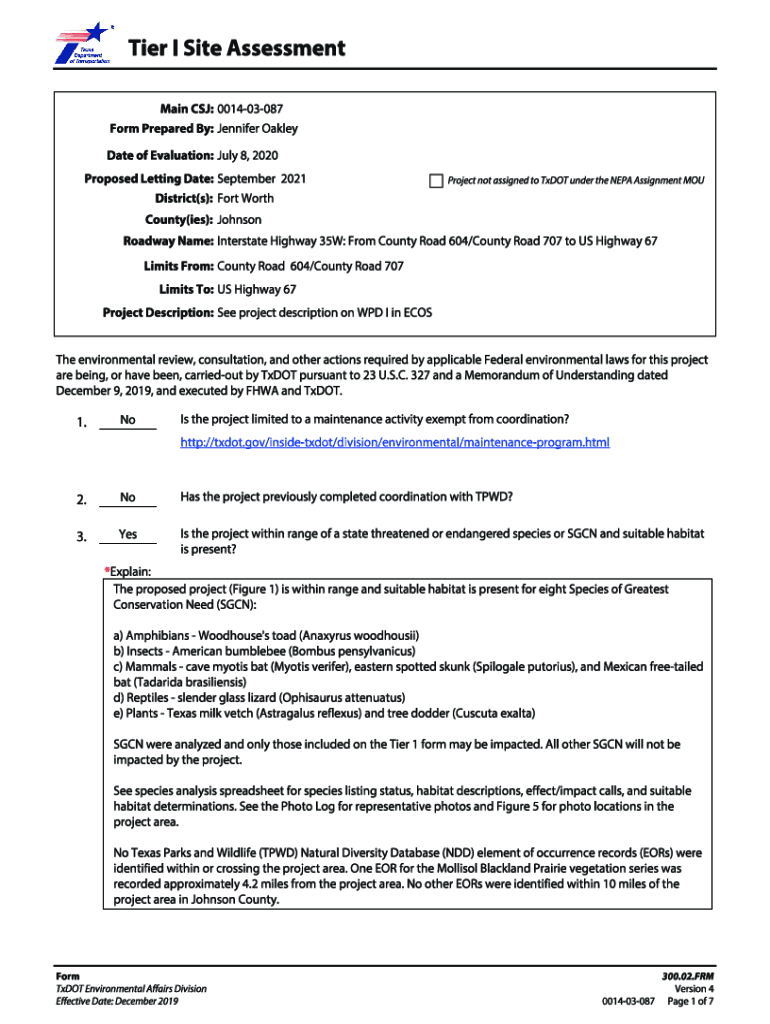 Fillable Online plans dot state tx Tier I SIte Assessment Form. I-35W ...