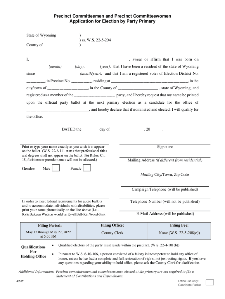 Fillable Online 22-5-204. Application for nomination or election; party ...
