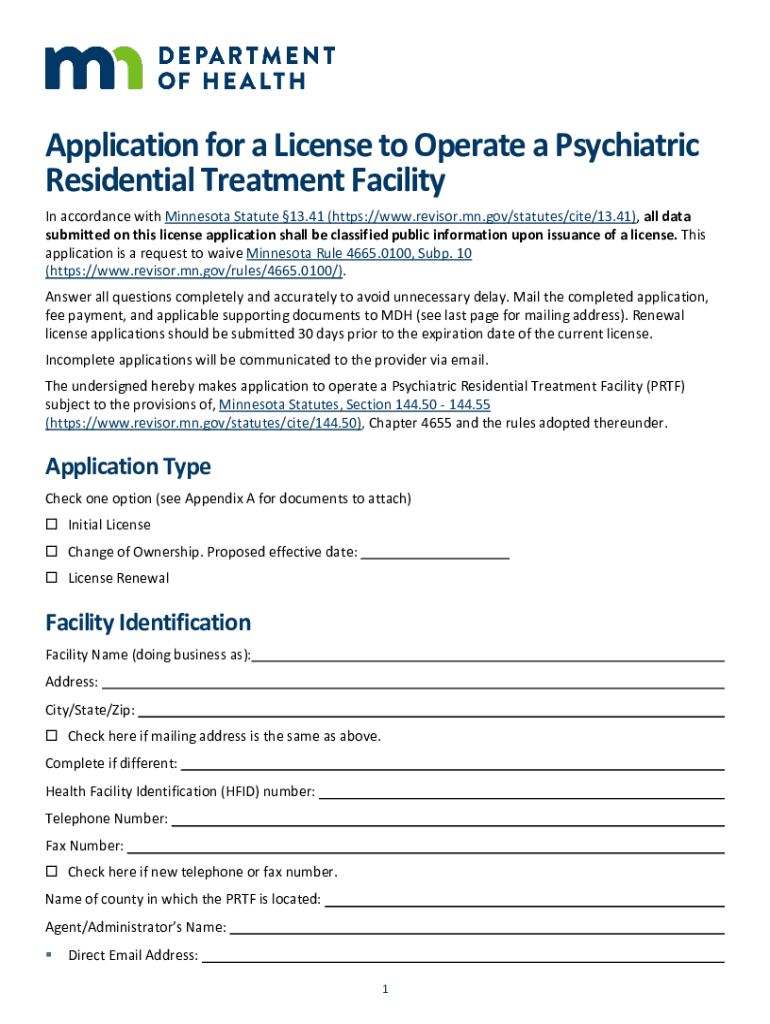 Fillable Online Application for a License to Operate a Psychiatric ...