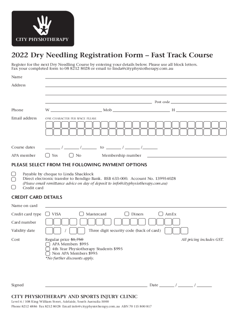 Fillable Online 2022 Dry Needling Registration Form Fast Track Course ...