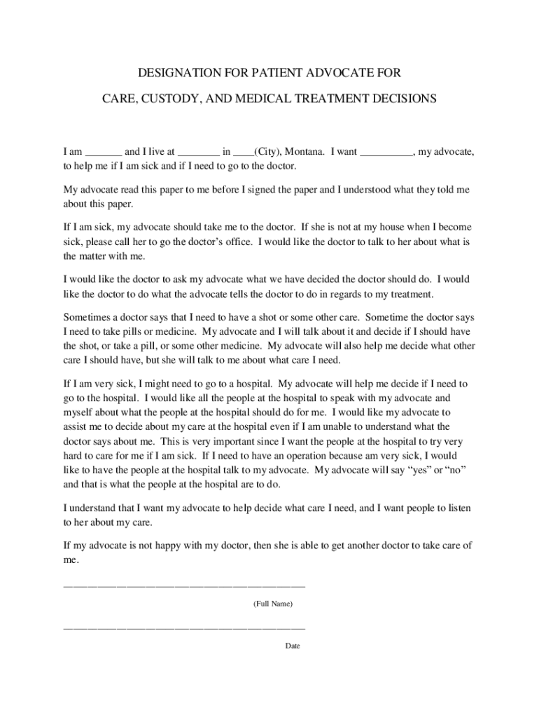 Fillable Online DESIGNATION FOR PATIENT ADVOCATE FOR CARE ... Fax Email ...