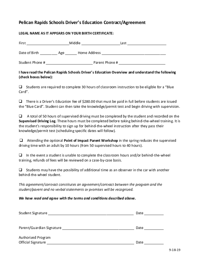 Fillable Online Pelican Rapids Schools Driver's Education Contract ...