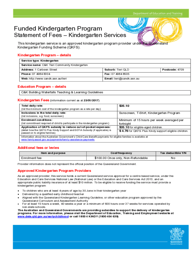 Fillable Online Kindergarten funding - Early Childhood Education and ...