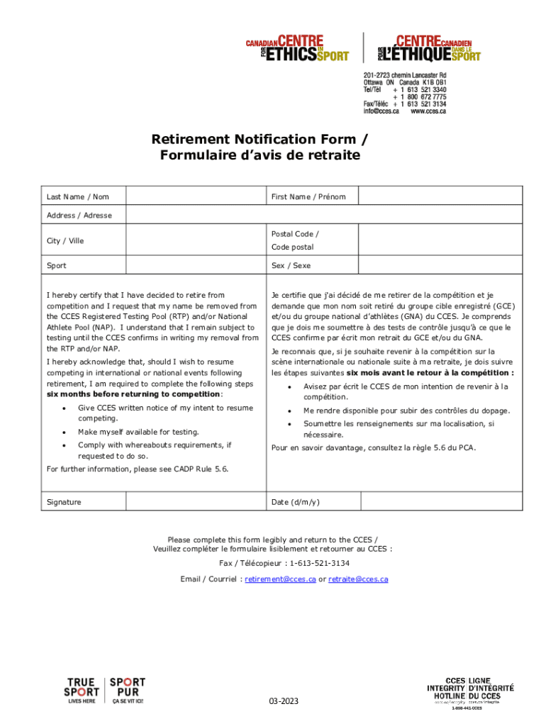 Remplissable En Ligne Retirement Notification Form / Formulaire d'avis ...
