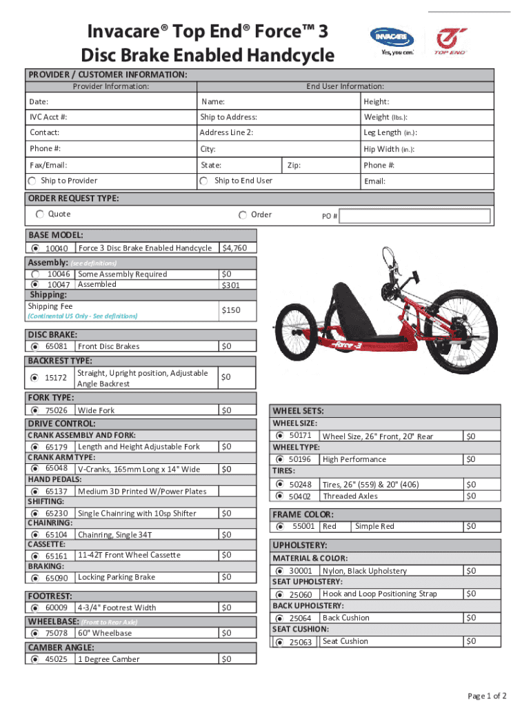 Fillable Online Invacare Top End Force 3 Handcycle Disc Brake Enabled ...