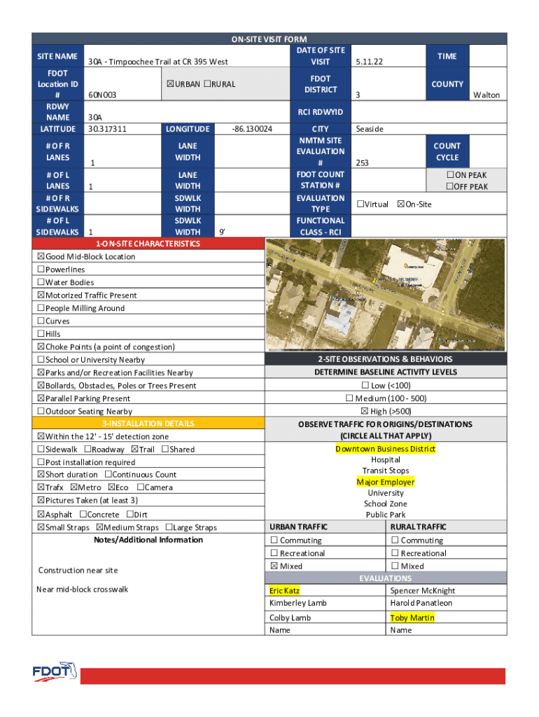 Fillable Online ON-SITE VISIT FORM SITE NAME 30A - Timpoochee Trail at ...