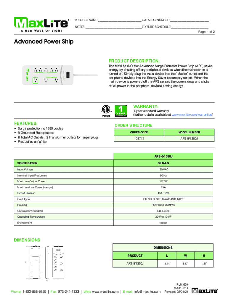 Fillable Online Maxlite APS-8-1350J White Advanced Power Strip Fax ...