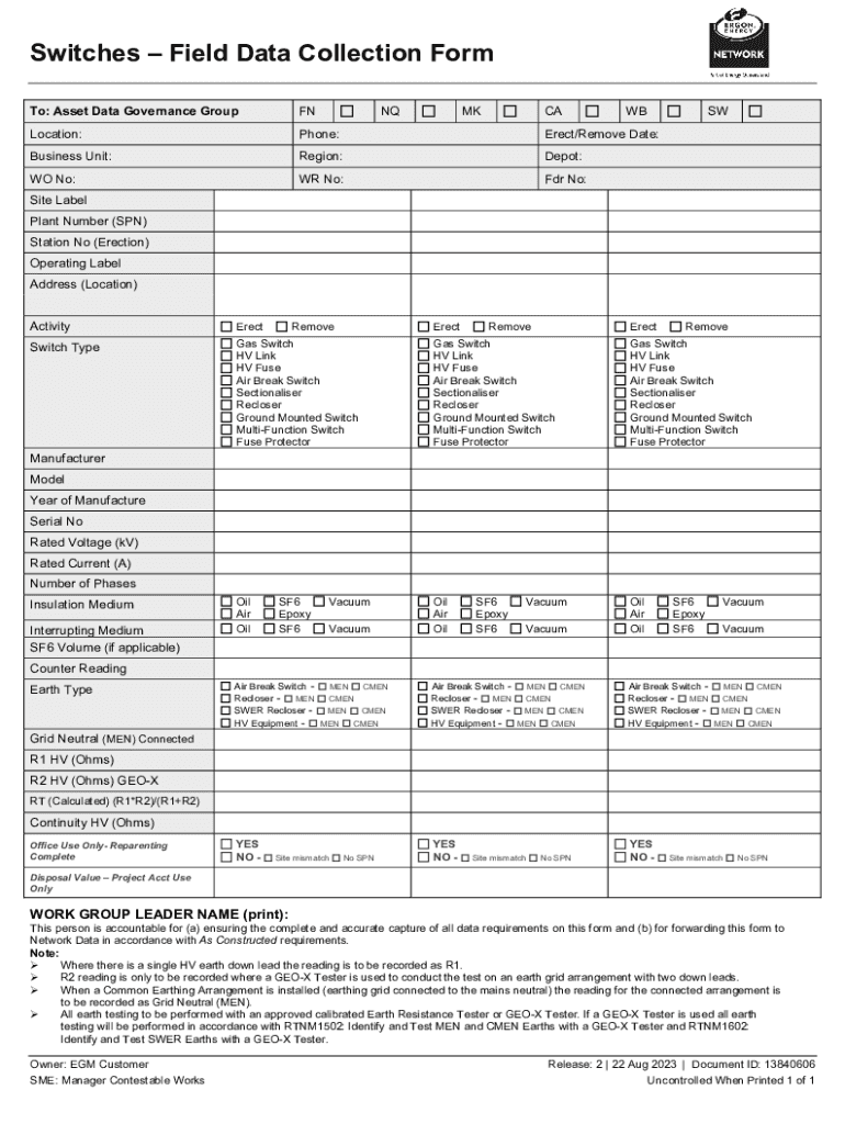 Fillable Online Switches Field Data Collection Form 13840606 Field Data Collection Form Fax