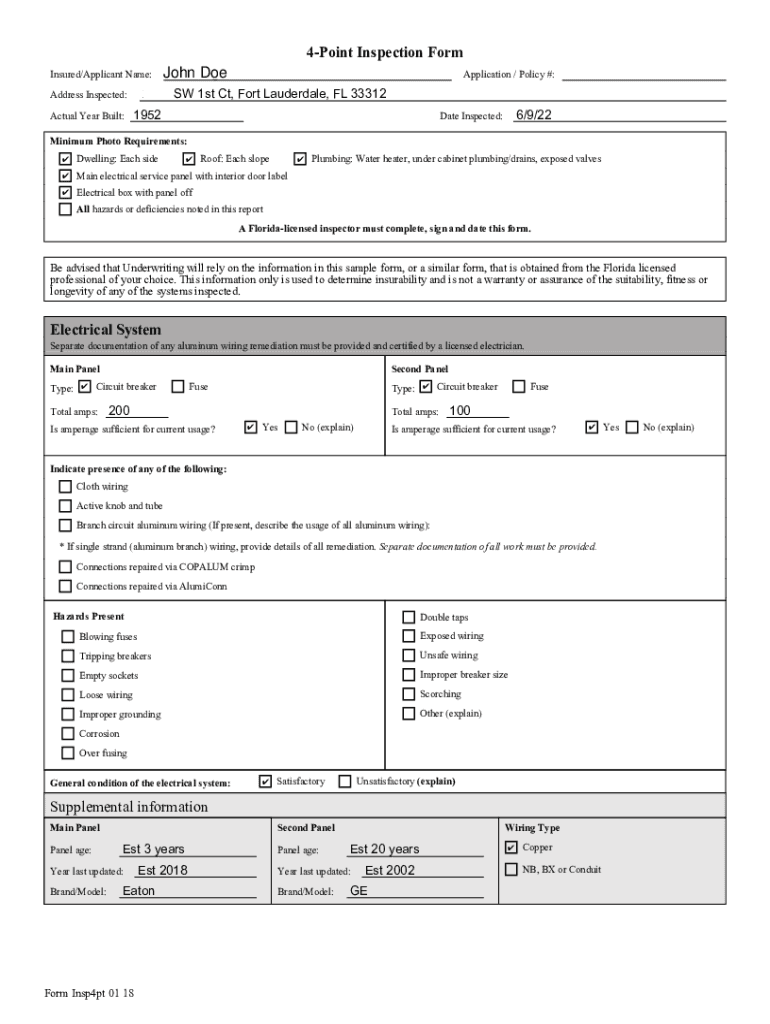 Fillable Online Florida 4 Point Inspection Form Sample - Insured ...