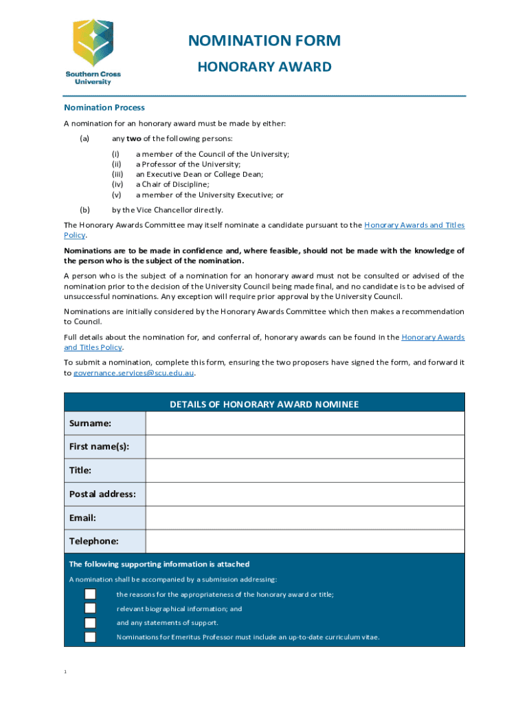 Fillable Online Honorary Awards Nomination Form. Honorary Awards ...