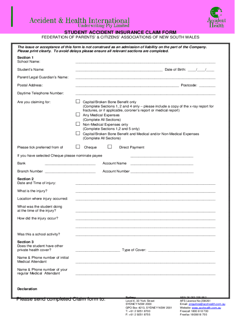 Fillable Online STUDENT ACCIDENT INSURANCE CLAIM FORM Fax Email Print ...