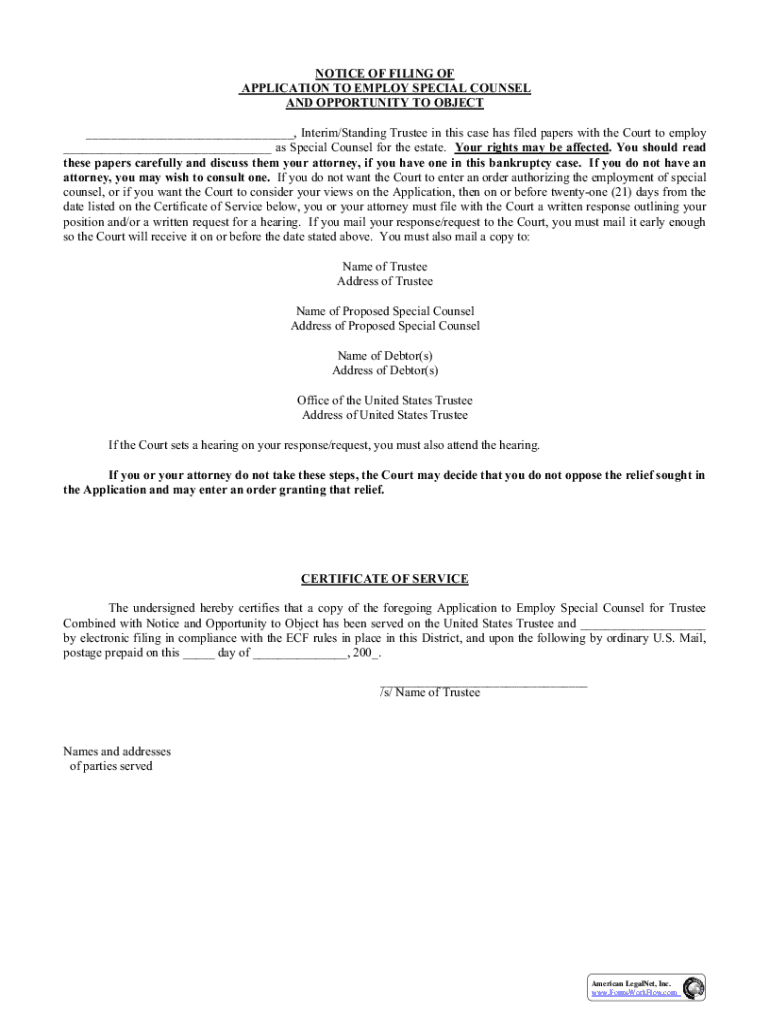 Fillable Online Sample Application to Employ Chapter 13 Nunc Pro Tunc ...