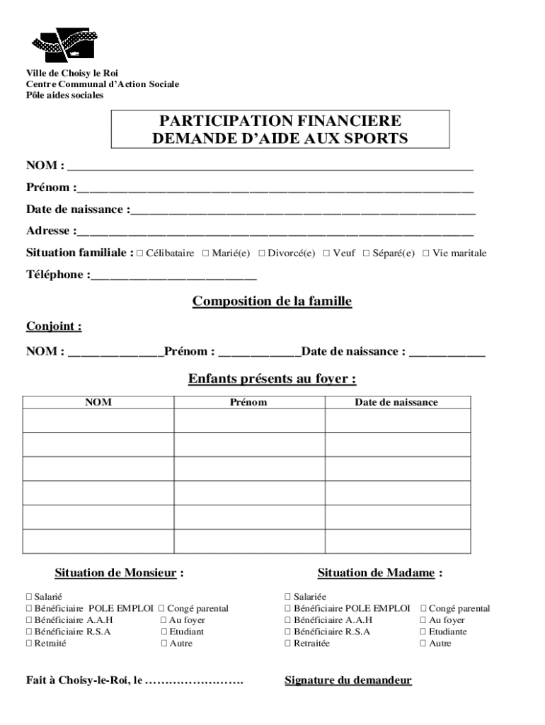 Remplissable En Ligne PARTICIPATION FINANCIERE DEMANDE D'AIDE AUX ... Fax Email Imprimer - pdfFiller