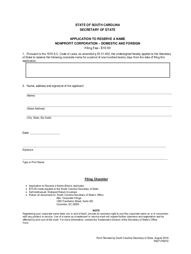 Fillable Online state of south carolina secretary of state notice of ...