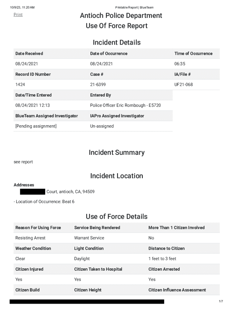 Fillable Online Antioch Police Department Use Of Force Report Incident ...