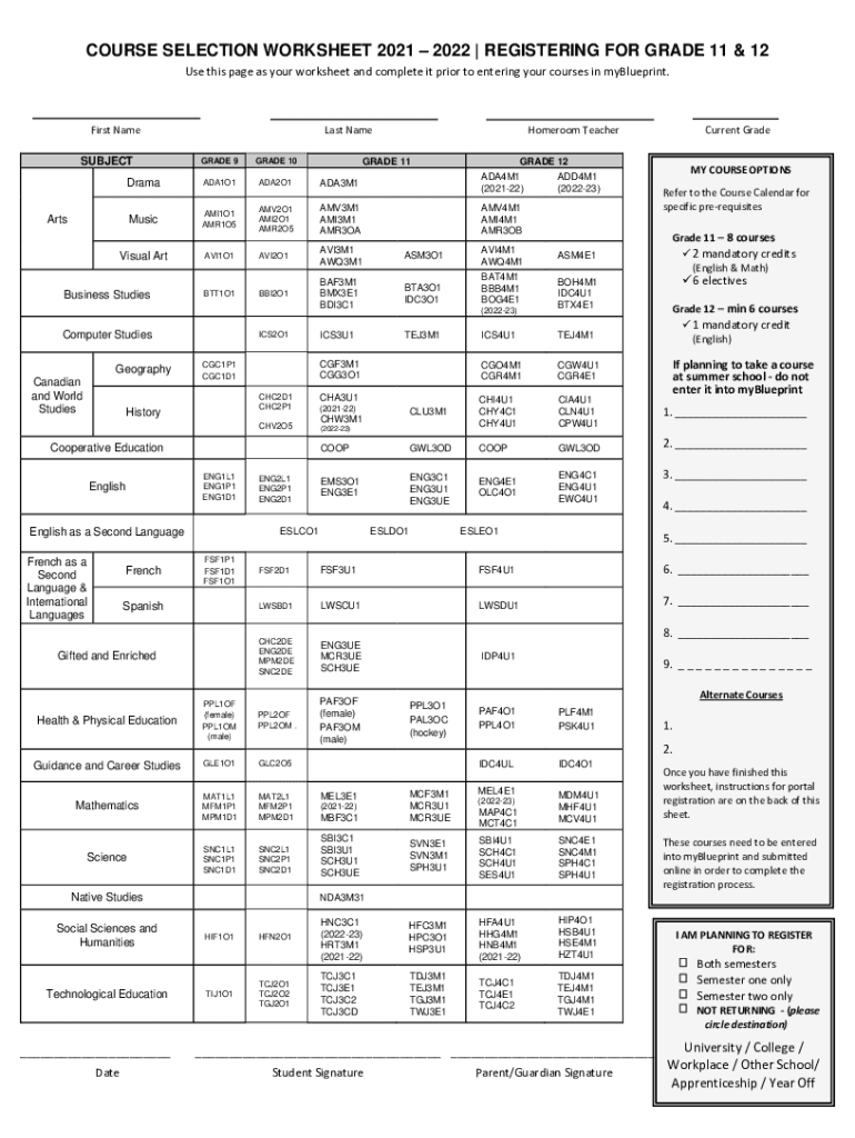 Fillable Online 2022 Course Selection Worksheet YOU MUST SUBMIT ... Fax Email Print - pdfFiller