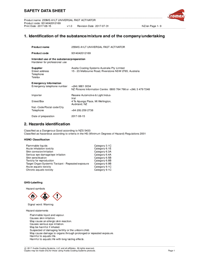 Fillable Online Safety Data Sheet. 2HRB-00027 255MS UNIVERSAL FAST ...