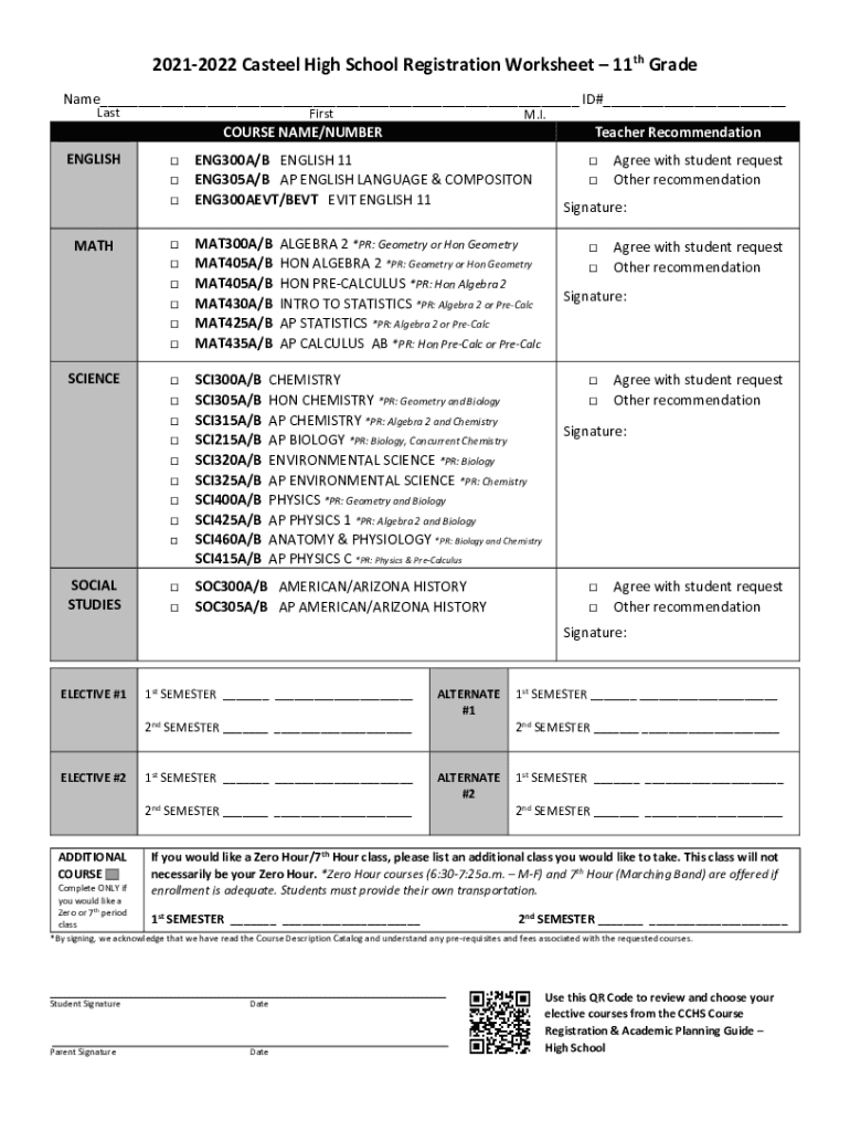 Fillable Online 2021-2022 Casteel High School Registration Worksheet Fax Email Print - pdfFiller
