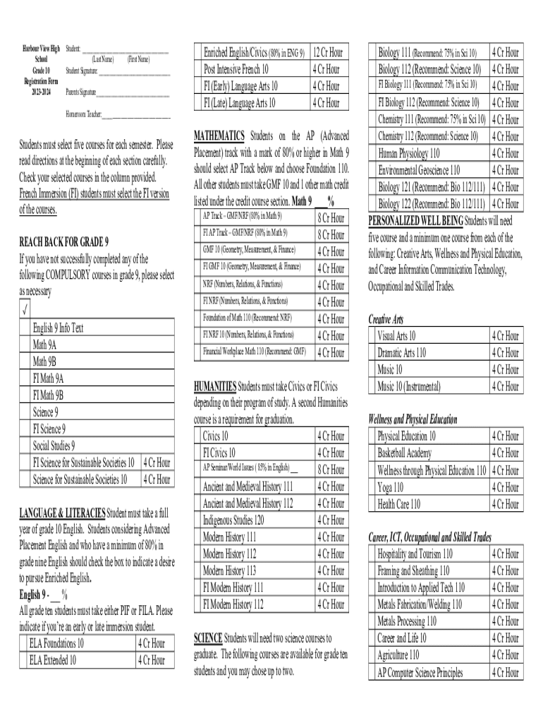 Fillable Online Harbour View High School Grade 10 Registration Form Fax ...