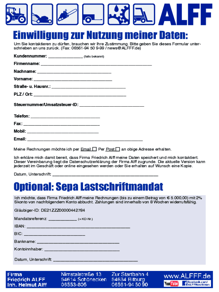 Ausfüllbar Online Einwilligung zur Nutzung meiner Daten: Optional: Sepa ...