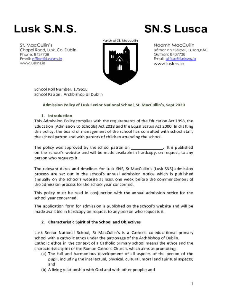 Fillable Online Lusk National School, Dublin Fingal North County ...