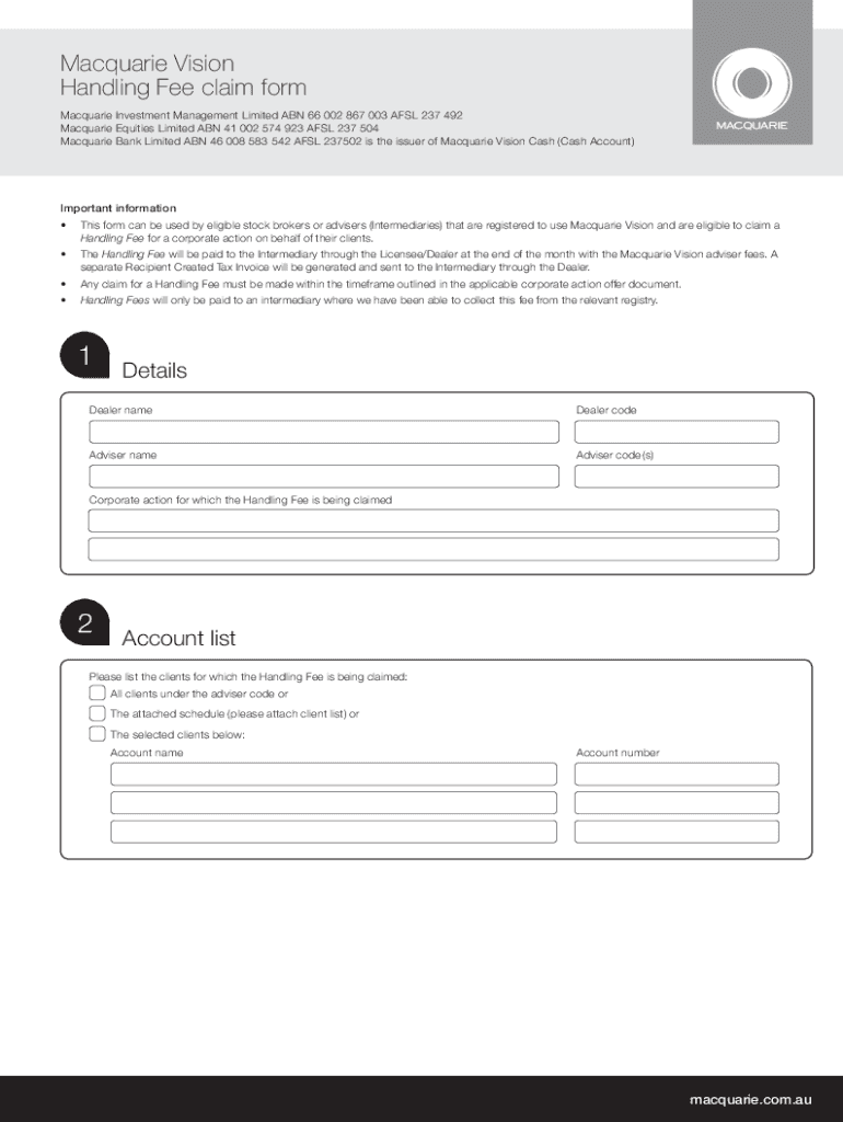 Fillable Online Macquarie Vision Handling Fee claim form Fax Email ...