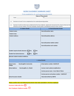 Fillable Online WORK PLACEMENT SUMMARY SHEET - dunshaughlincc.ie Fax ...