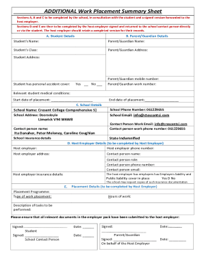 Fillable Online ADDITIONAL Work Placement Summary Sheet Fax Email Print ...