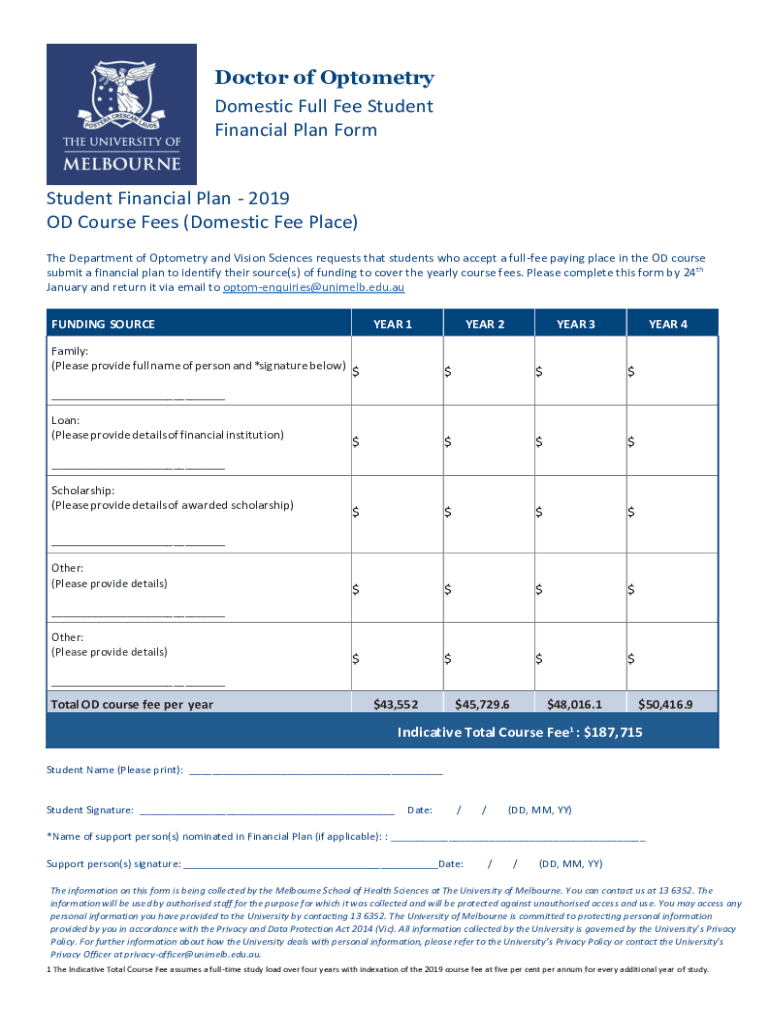 Fillable Online Doctor of Optometry Domestic Full Fee Student Financial Plan ... Fax Email Print ...