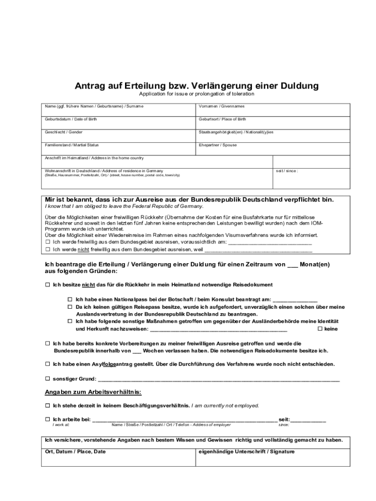 Ausfüllbar Online Antrag auf Erteilung bzw. Verlngerung einer Duldung Fax Email Drucken - pdfFiller