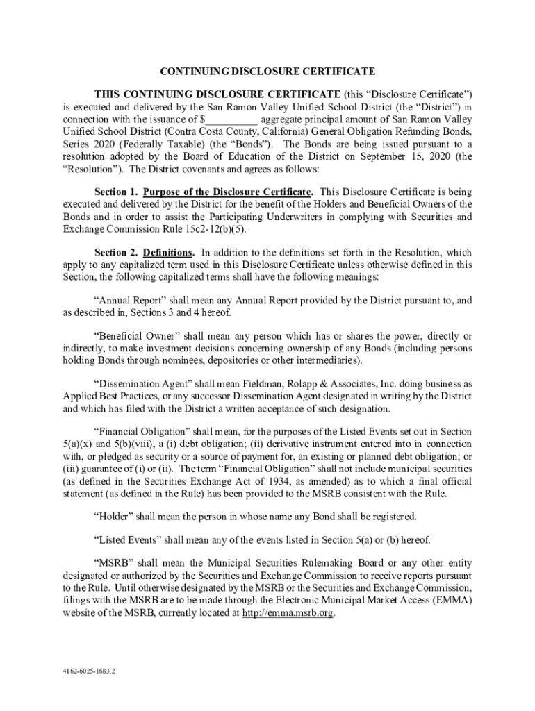 Fillable Online Continuing Disclosure Certificate - San Ramon Valley ...