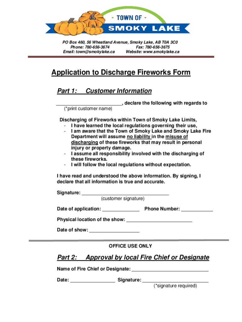 Fillable Online Application to Discharge Fireworks Form - Smoky Lake Fax Email Print - pdfFiller