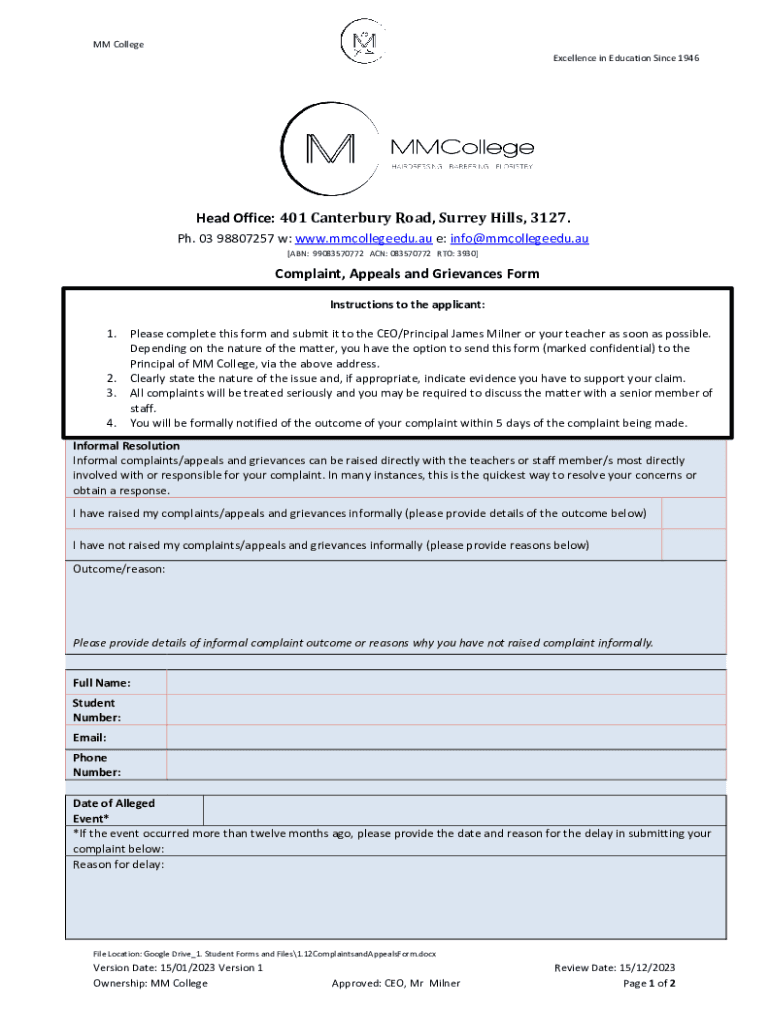 Fillable Online Complaint, Appeals and Grievances Form Head Office: 401 ... Fax Email Print ...
