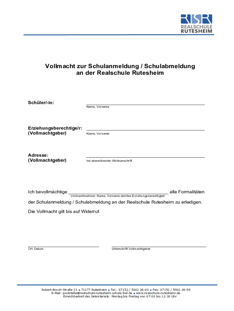 Ausfüllbar Online Vollmacht zur Schulanmeldung / Schulabmeldung an der ... Fax Email Drucken ...