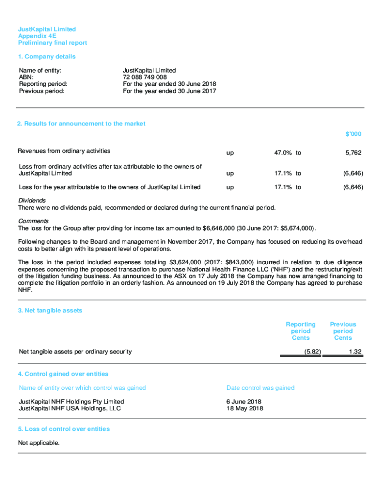 Fillable Online Tinybeans Group Limited Appendix 4E Preliminary final ... Fax Email Print ...