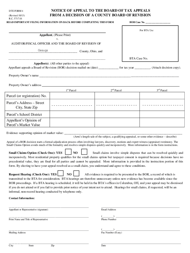Fillable Online DTE Form 4 BTA Notice of Appeal (REVISED 10-13 ...