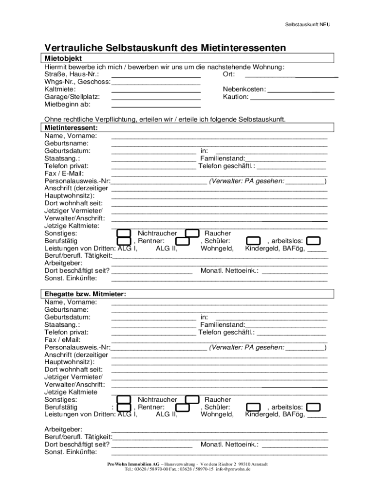Ausfüllbar Online Vertrauliche Selbstauskunft des Mietinteressenten Fax Email Drucken - pdfFiller