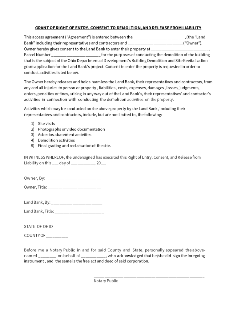 Fillable Online development ohio grant of right of entry, consent to ...