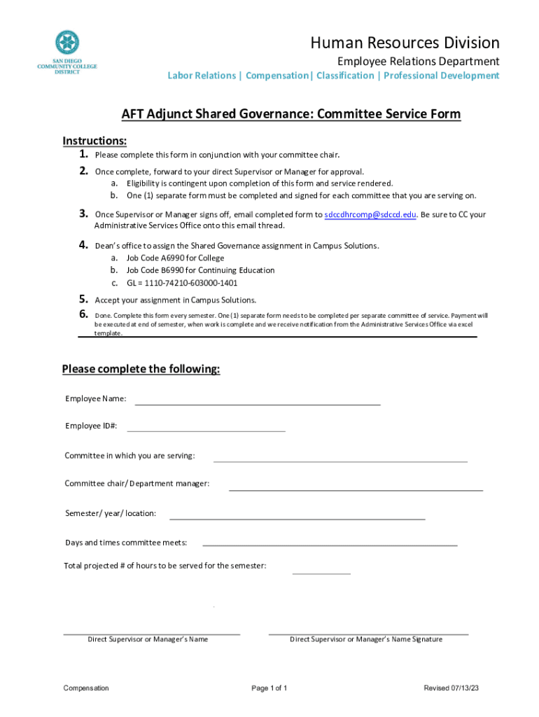 Fillable Online AFT Adjunct Shared Governance: Committee Service Form ...