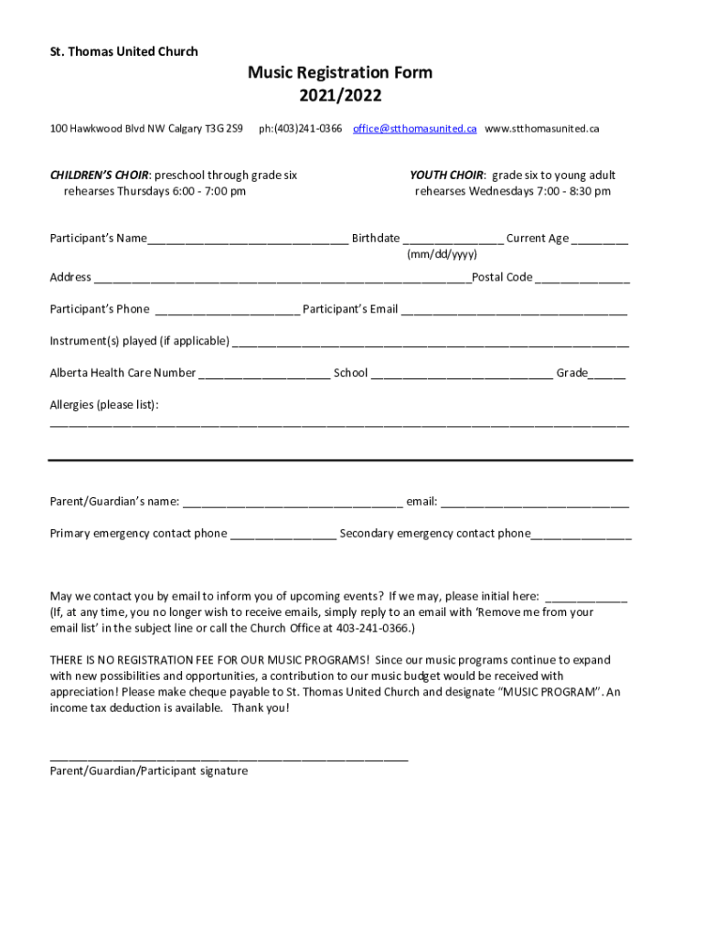 Fillable Online CHOIR REGISTRATION - Calgary - St Thomas United Church ...
