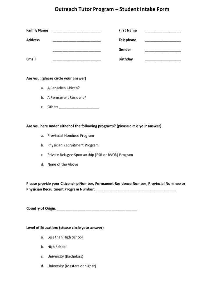 Fillable Online Outreach Tutor Program Student Intake Form Fax Email ...