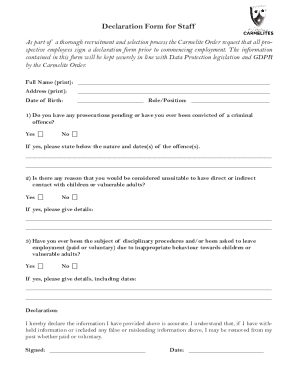 Fillable Online Declaration Form for StaffCarmelites.ie Fax Email Print ...