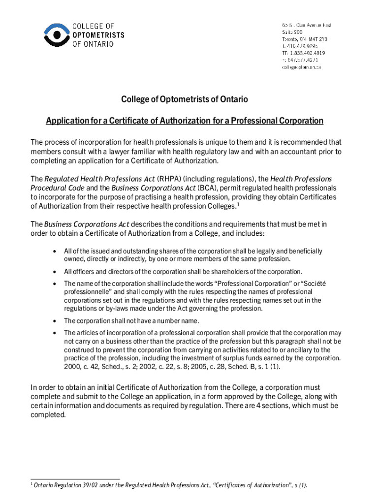 Fillable Online Incorporation: Obtaining a Certificate of Authorization for a ... Fax Email ...
