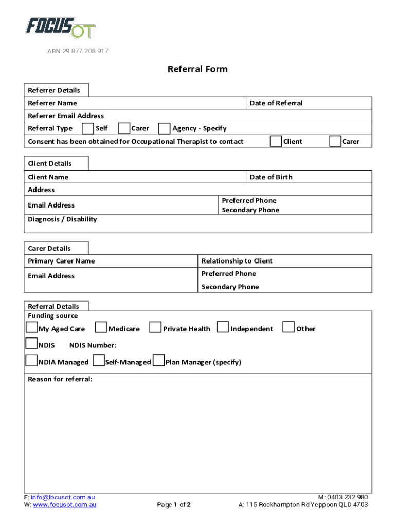 Fillable Online Focus OT - Referral Form Fax Email Print - pdfFiller