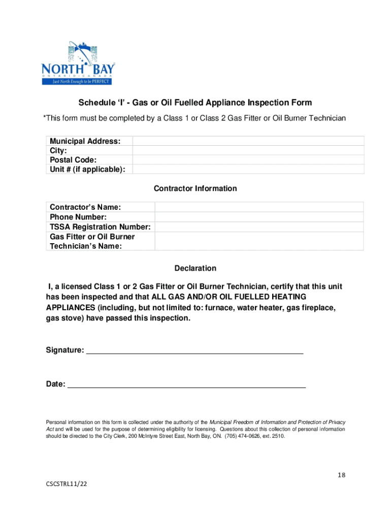 Fillable Online Schedule I - Gas or Oil Fuelled Appliance Inspection ...